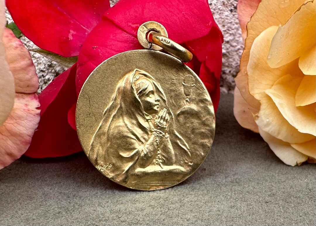 Art Nouveau 18K Gold-filled Necklace Pendant, First Communion Medallion ...