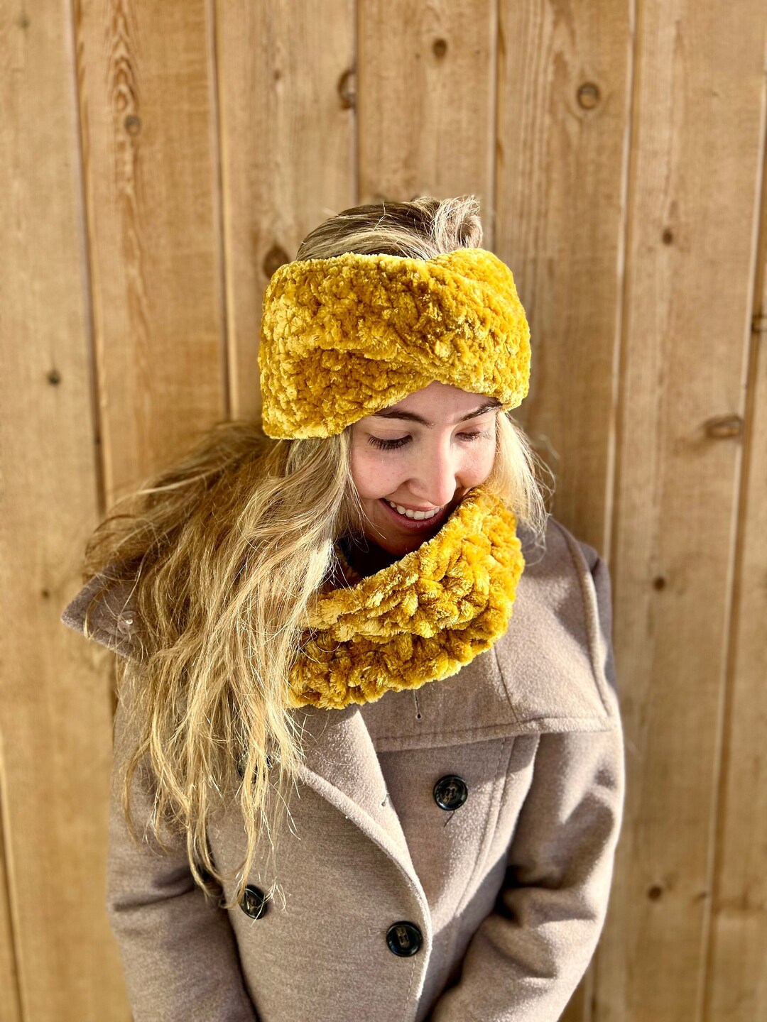Crocheted Bulky Velvety Ear Warmer, Neck Cowl & Cuffed Mittens Set - Etsy