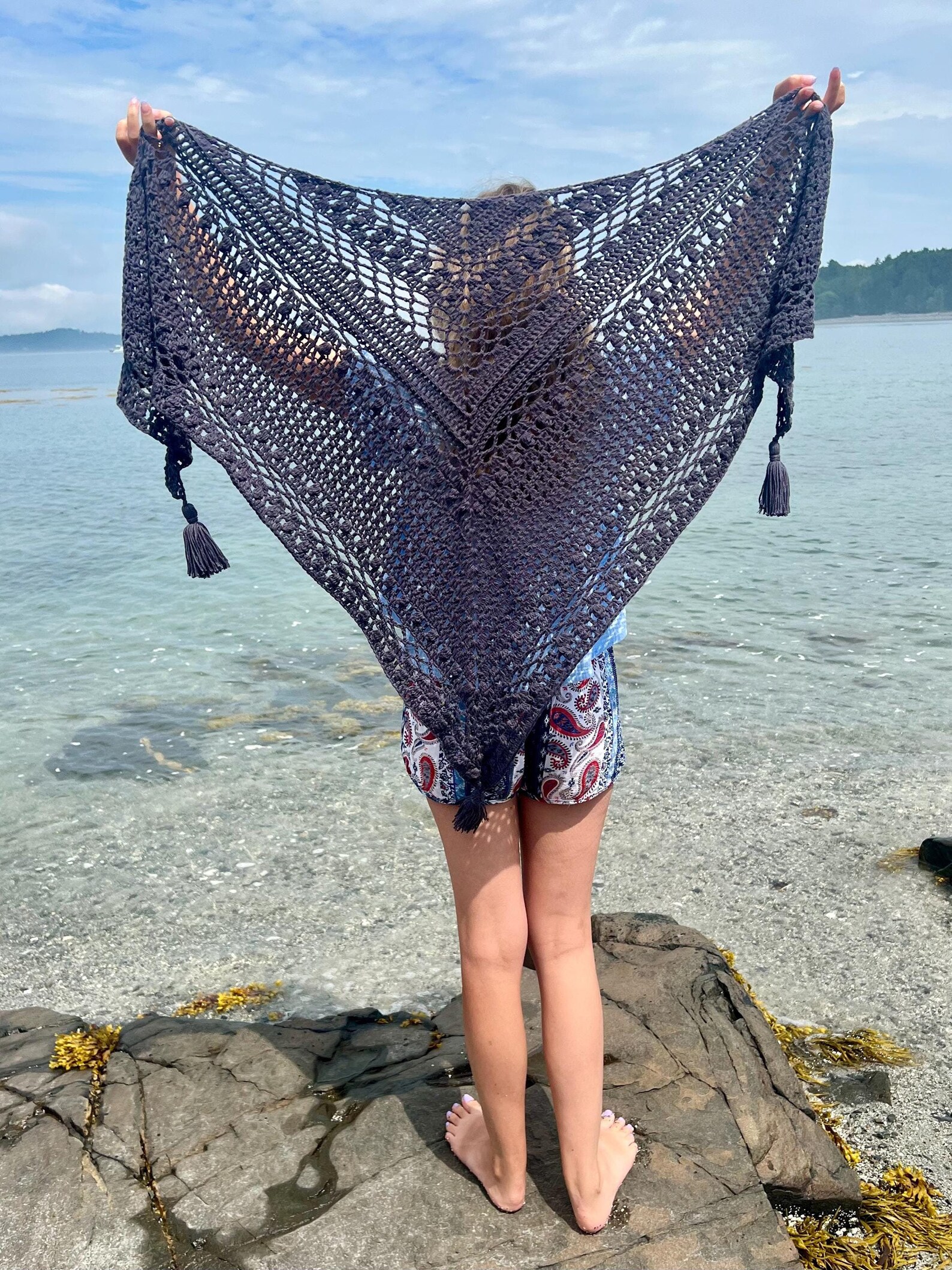 Crocheted Lacy Linen Triangle Wrap With Tassels Versatile Triangular ...