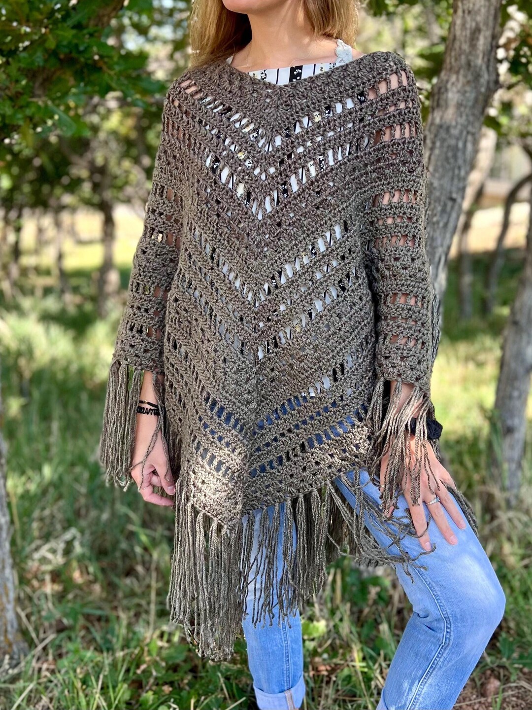 Crocheted Boho Poncho With Fringe: Casual Pull-over Cover-up Wrap - Etsy