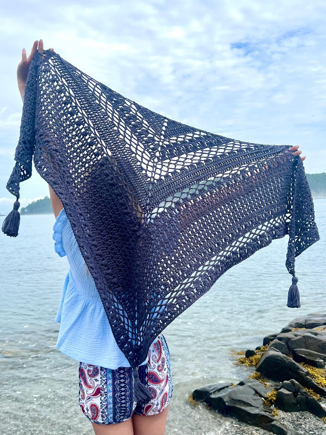 Crocheted Lacy Linen Triangle Wrap With Tassels - Versatile Triangular ...