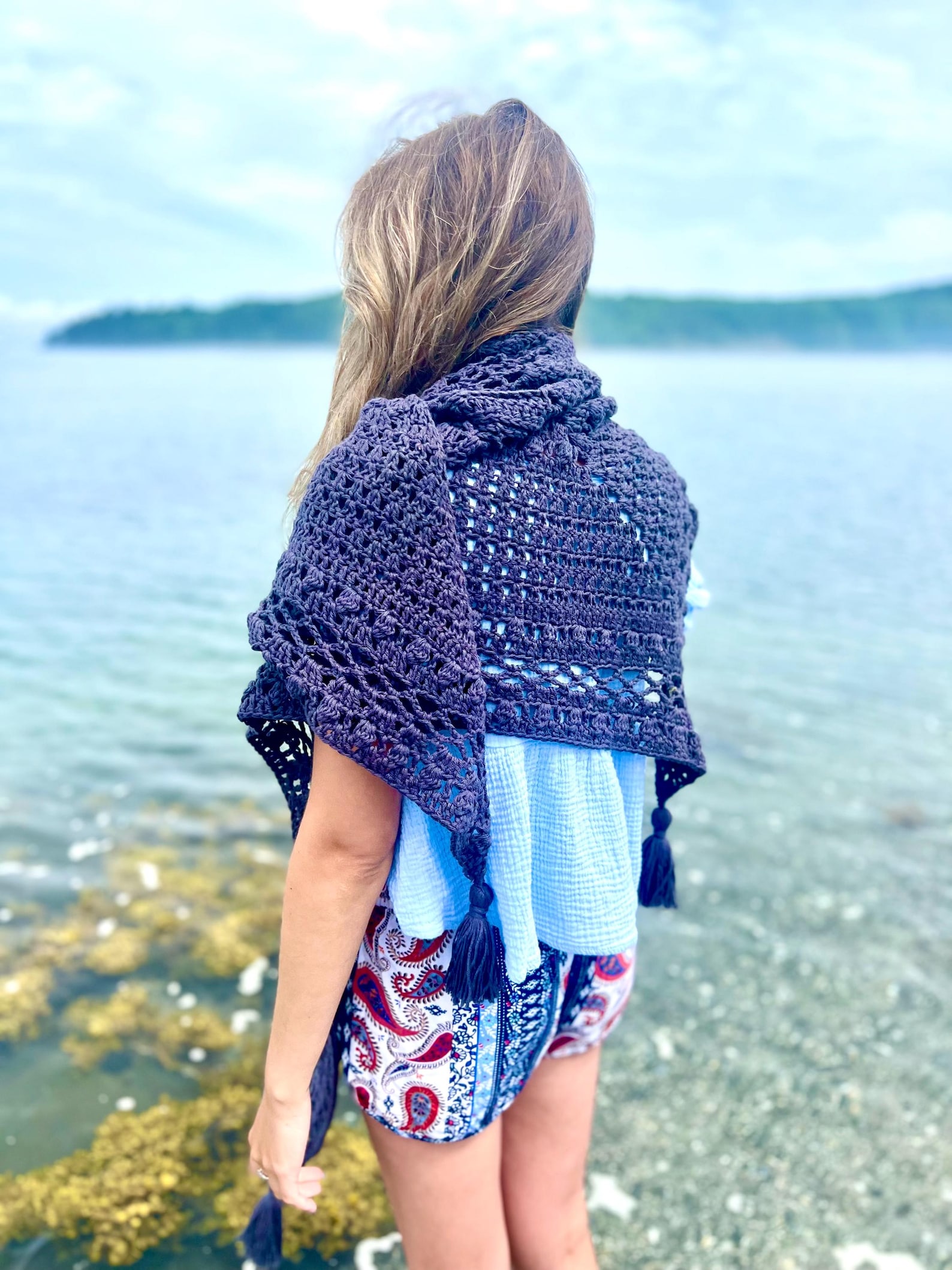 Crocheted Lacy Linen Triangle Wrap With Tassels Versatile Triangular ...
