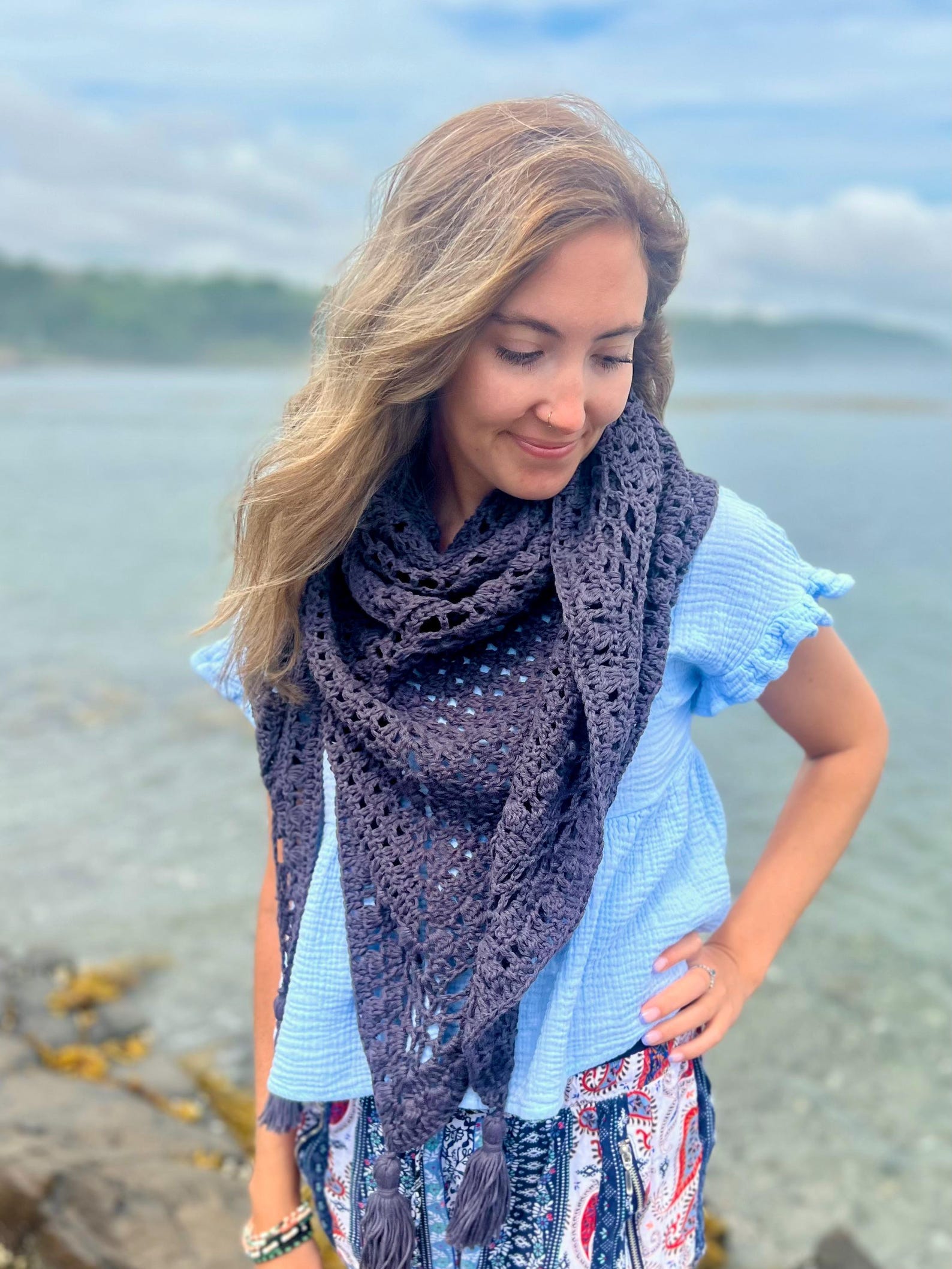 Crocheted Lacy Linen Triangle Wrap With Tassels Versatile Triangular ...