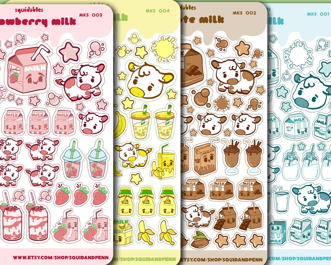 Plain, Strawberry, Chocolate, Banana Milk Sticker Sheets, Squidable ...