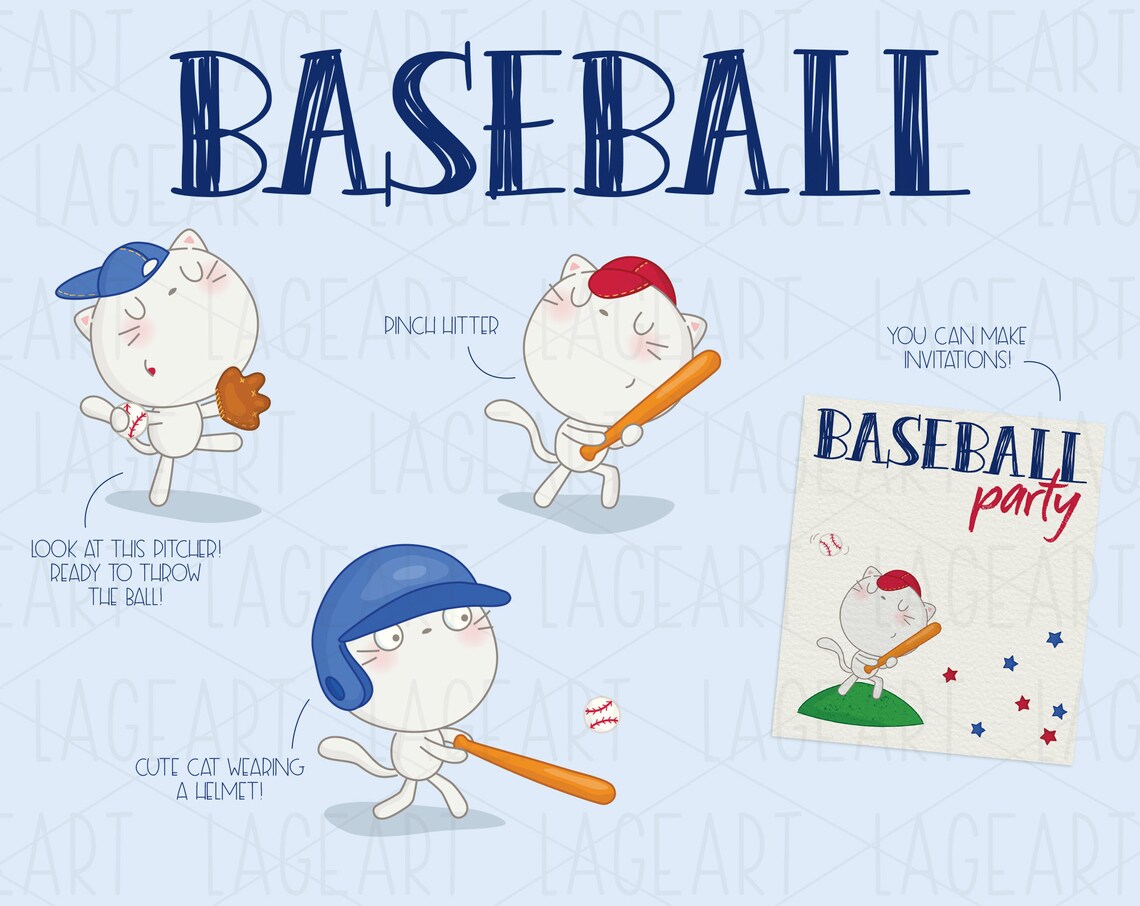 Baseball Clipart / Cats Playing Baseball / Helmet Bat Stars / Instant ...