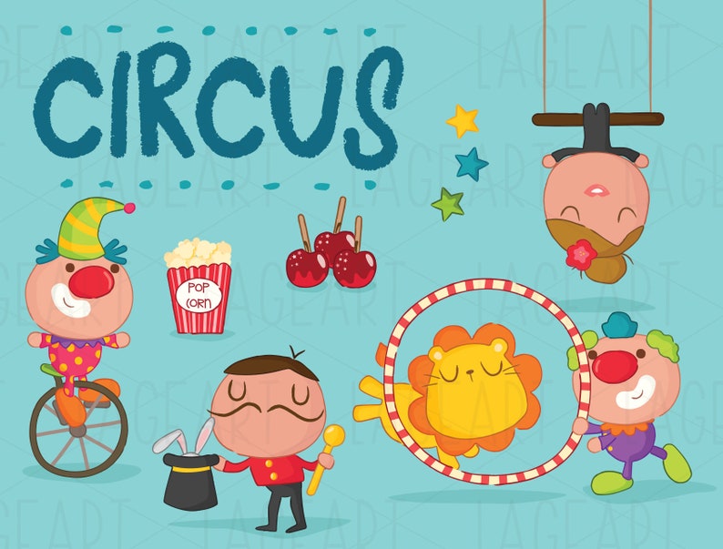 Circus Clipart / Tent Clowns Trapeze Magician Sea-lion Elephant Monkey ...