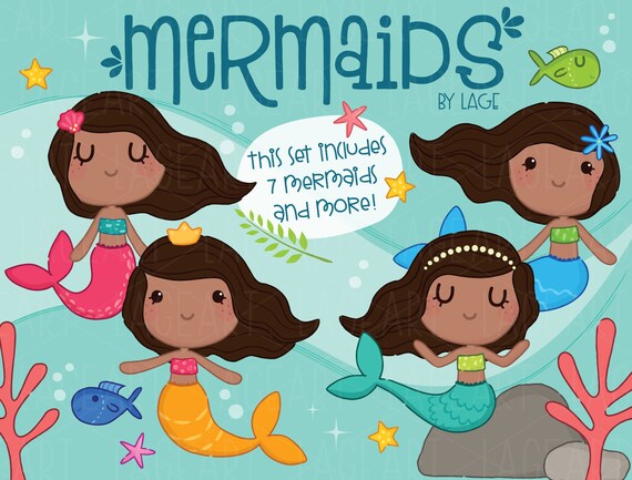 Dark Hair Girl Mermaid Clipart / Coral Fish Seashell Starfish - Etsy