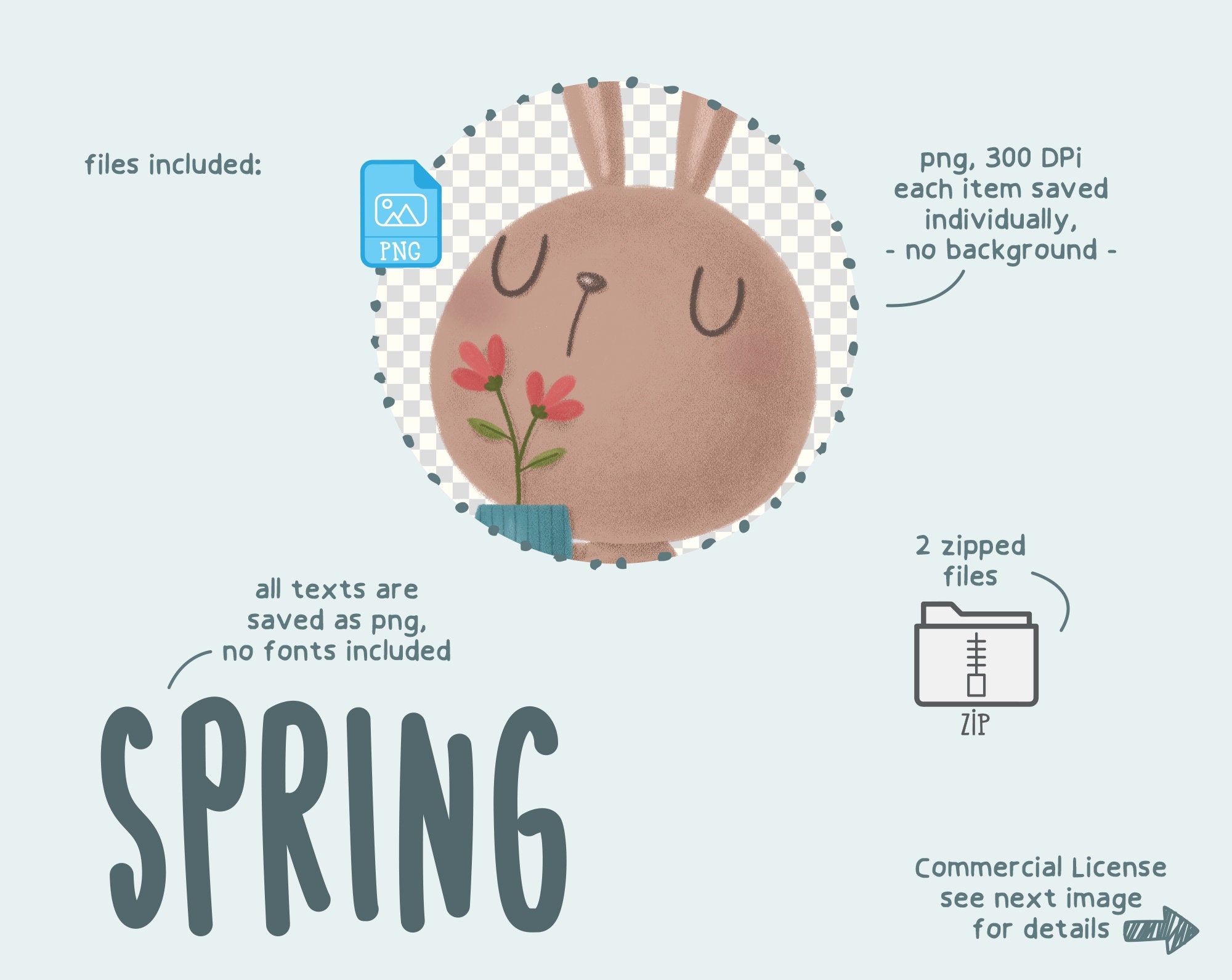 Spring Bunny Clipart Set / PNG / Cute Rabbit / Flower Illustration ...