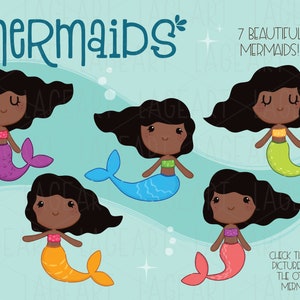 African American Girl Mermaid Clipart / Coral Fish Seashell | Etsy