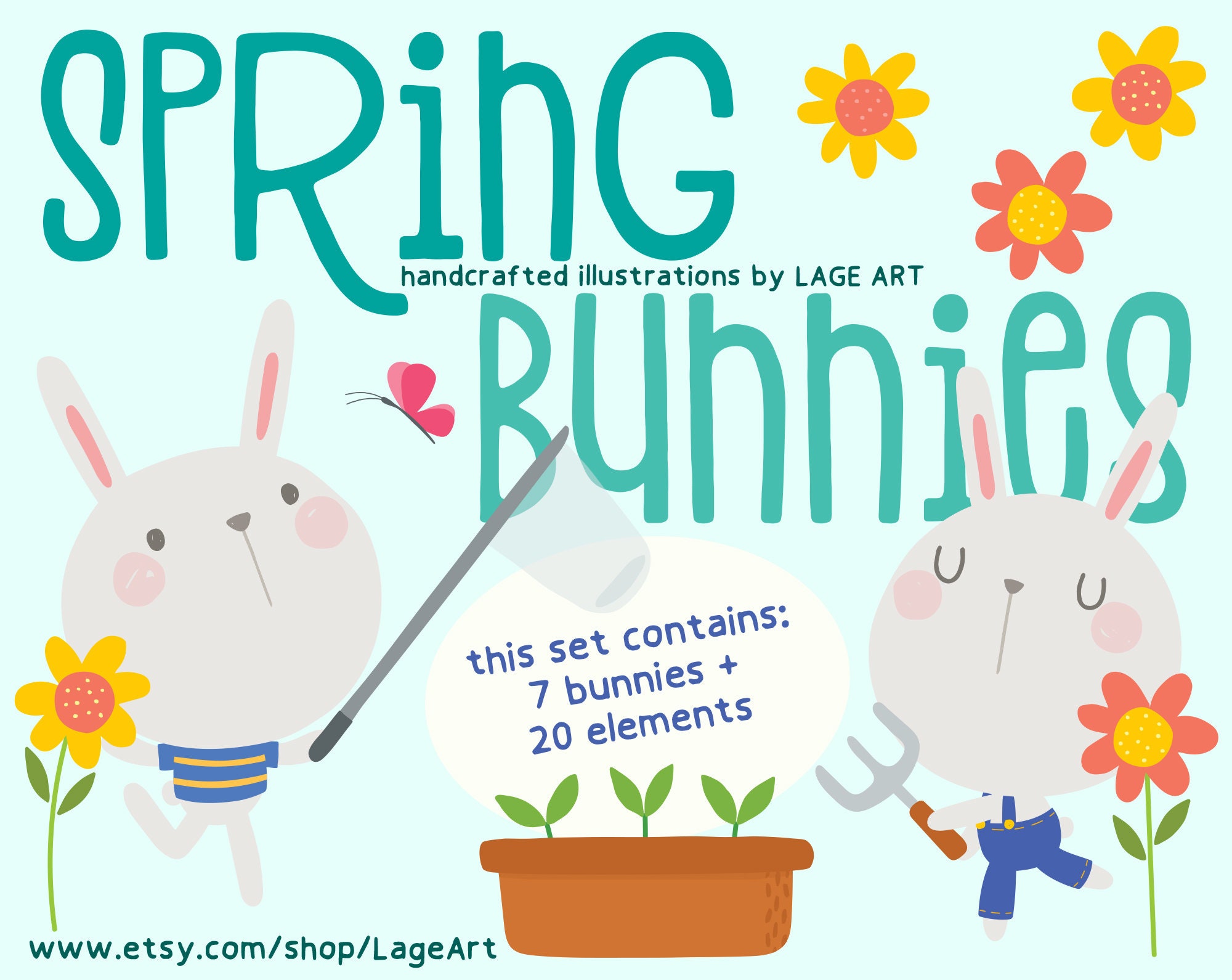 Spring Clipart / Cute Bunny Clipart Set / Rabbit PNG / Flowers ...