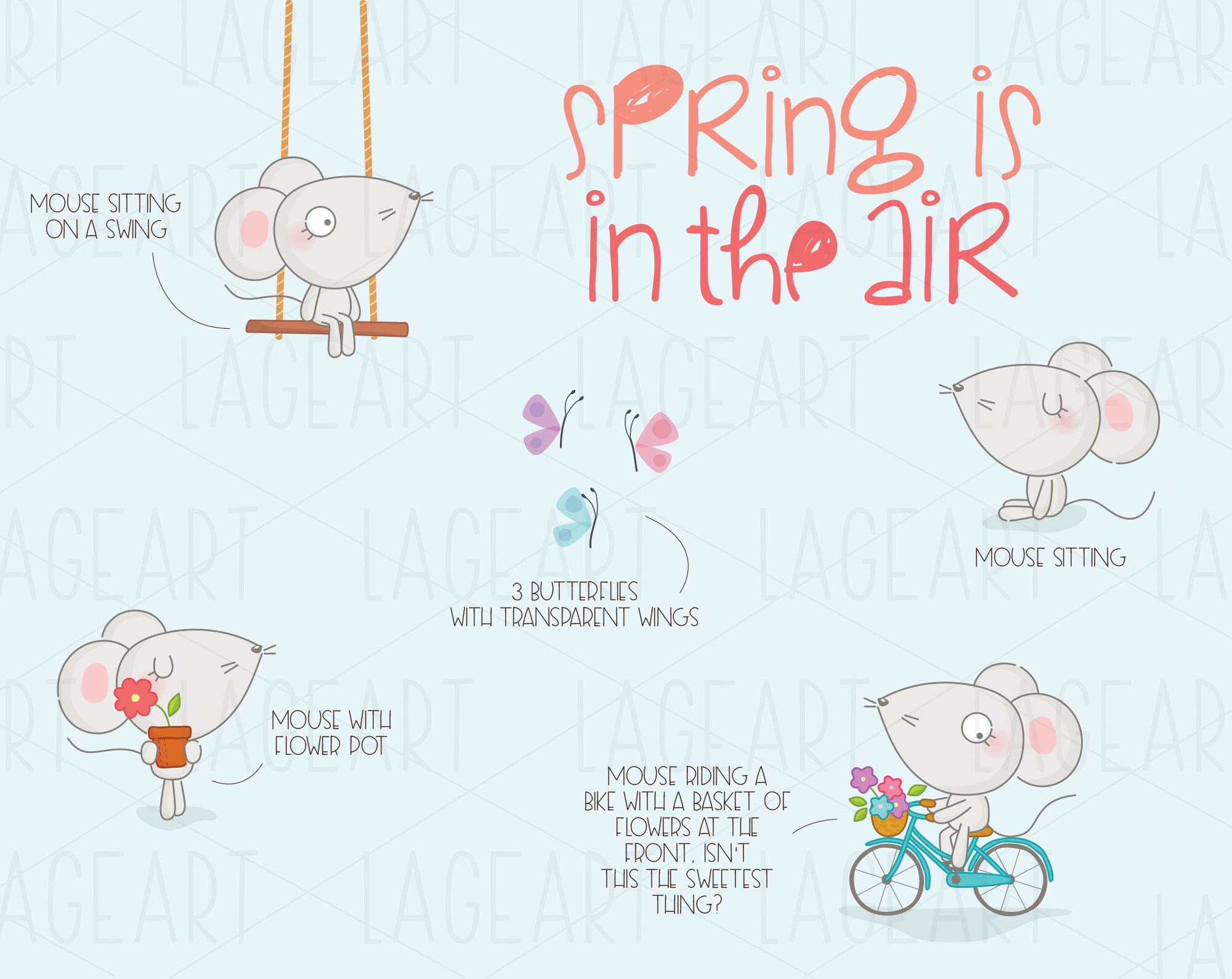 Spring Clipart Set / Mouse Clipart / Bouquet Clipart / Cute / Mouse ...