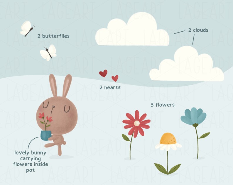 Spring Bunny Clipart Set / PNG / Cute Rabbit / Flower Illustration ...