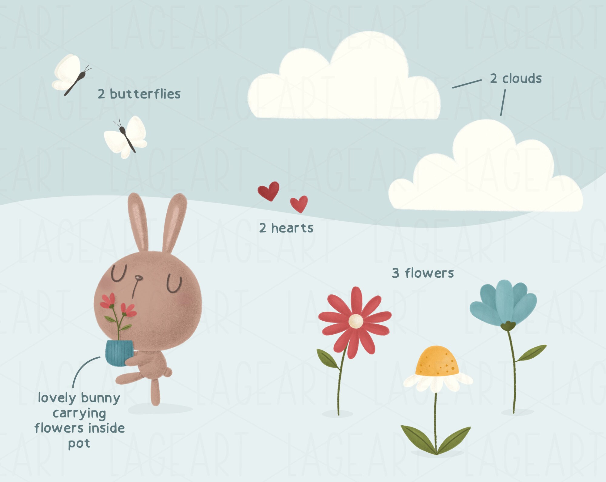 Spring Bunny Clipart Set / PNG / Cute Rabbit / Flower Illustration ...