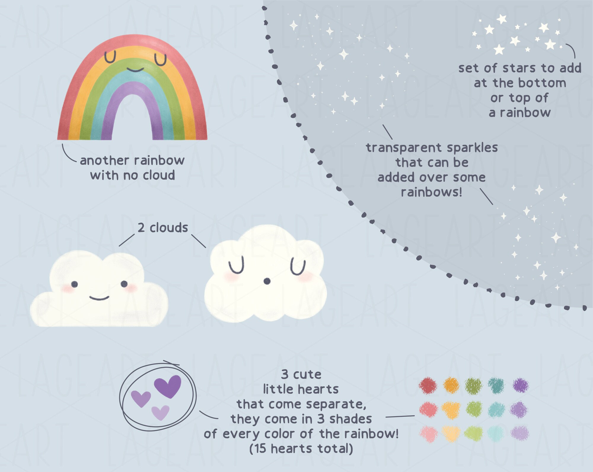 Rainbow Clipart Set / Clouds PNG / Cute Rainbows / Stars Illustration ...