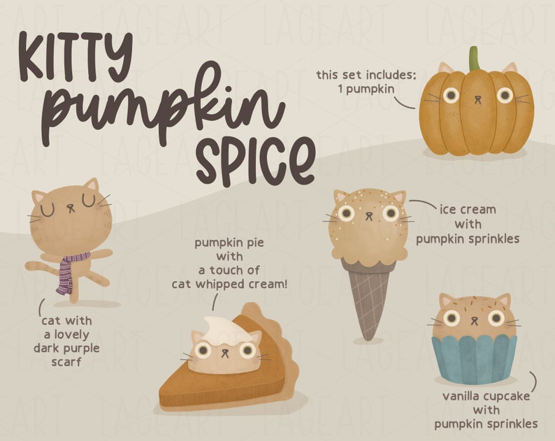 Pumpkin Spice Clipart Set / Autumn PNG / Cute Kitty / Cat Illustration ...