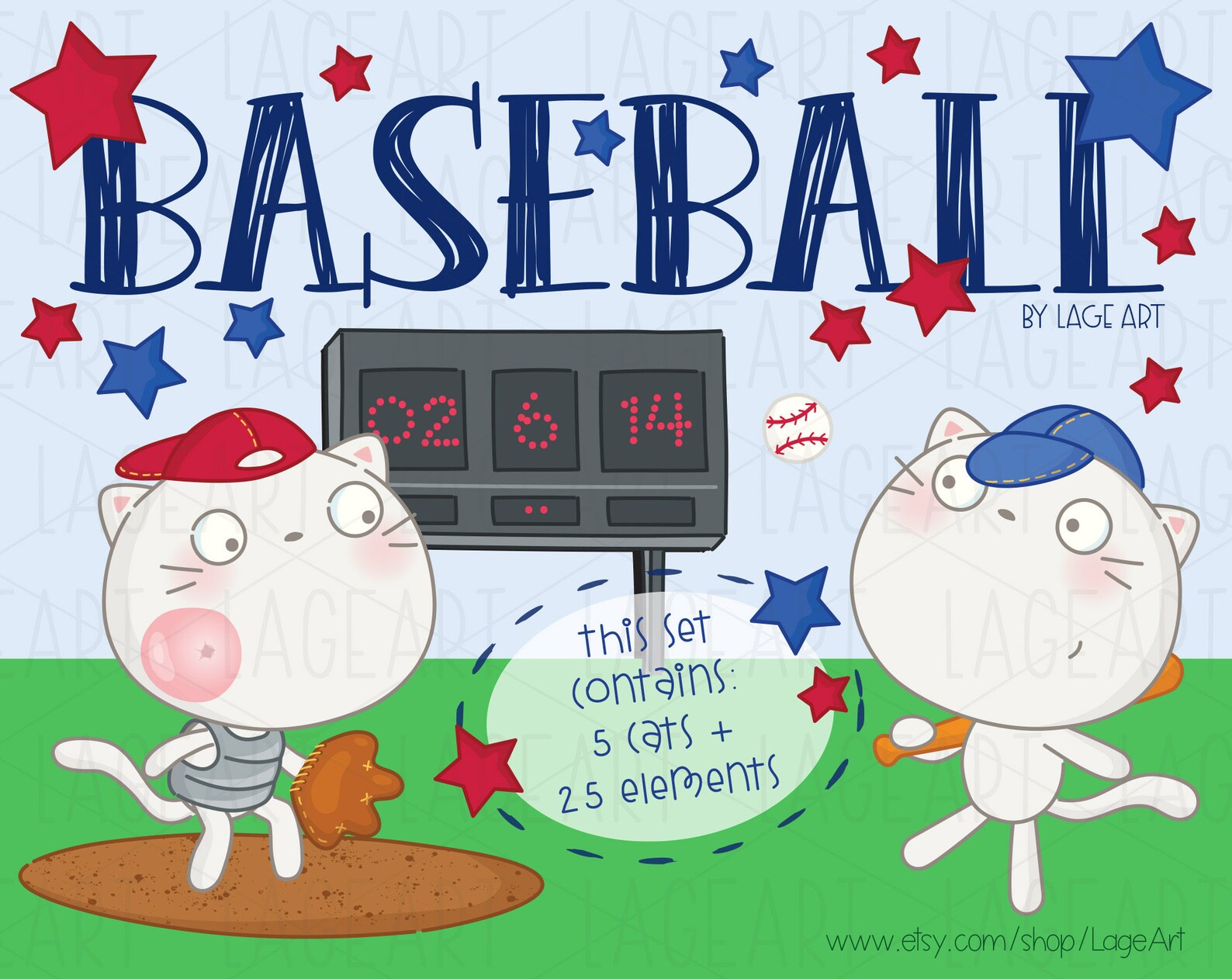 Baseball Clipart / Cats Playing Baseball / Helmet Bat Stars / | Etsy