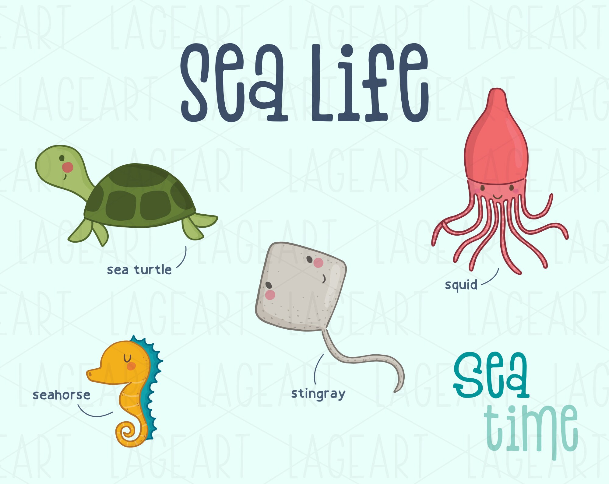 Sea Animals Clipart / Illustration / Crab / Whale / Lobster / Stingray ...