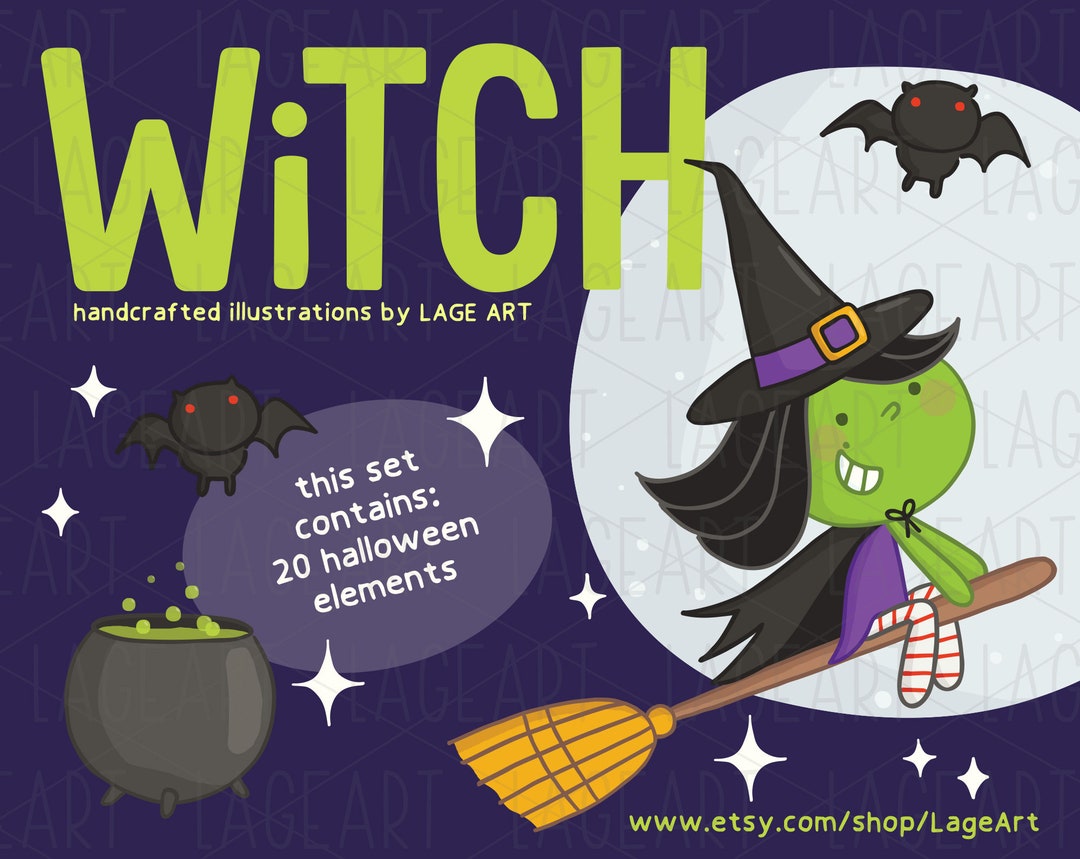 Halloween Clipart / Witch Clipart / Witch Illustration / Bat / Broom ...