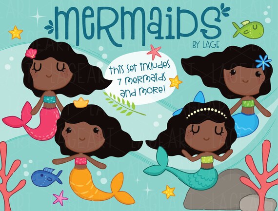 African American Girl Mermaid Clipart / Coral Fish Seashell - Etsy