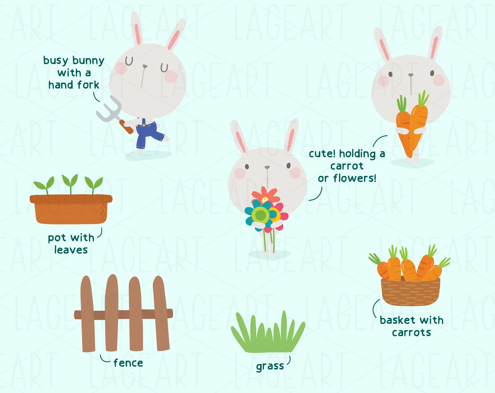 Spring Clipart / Cute Bunny Clipart Set / Rabbit PNG / Flowers ...