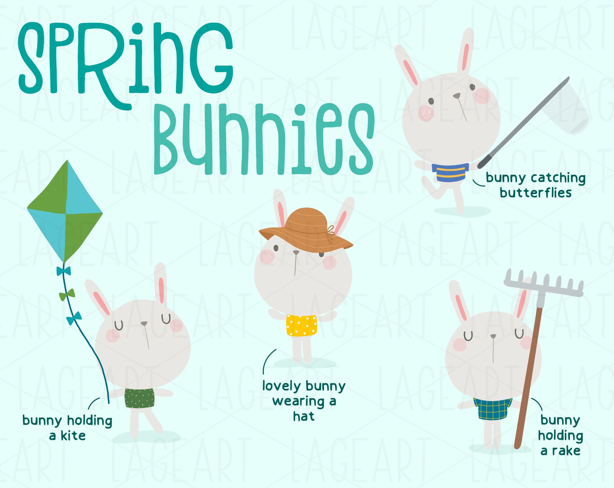 Spring Clipart / Cute Bunny Clipart Set / Rabbit PNG / Flowers ...