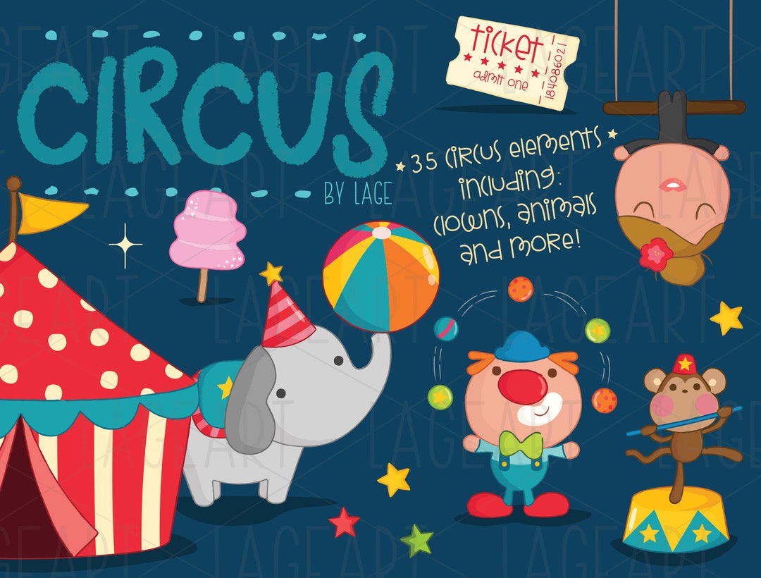 Circus Clipart / Tent Clowns Trapeze Magician Sea-lion Elephant Monkey ...