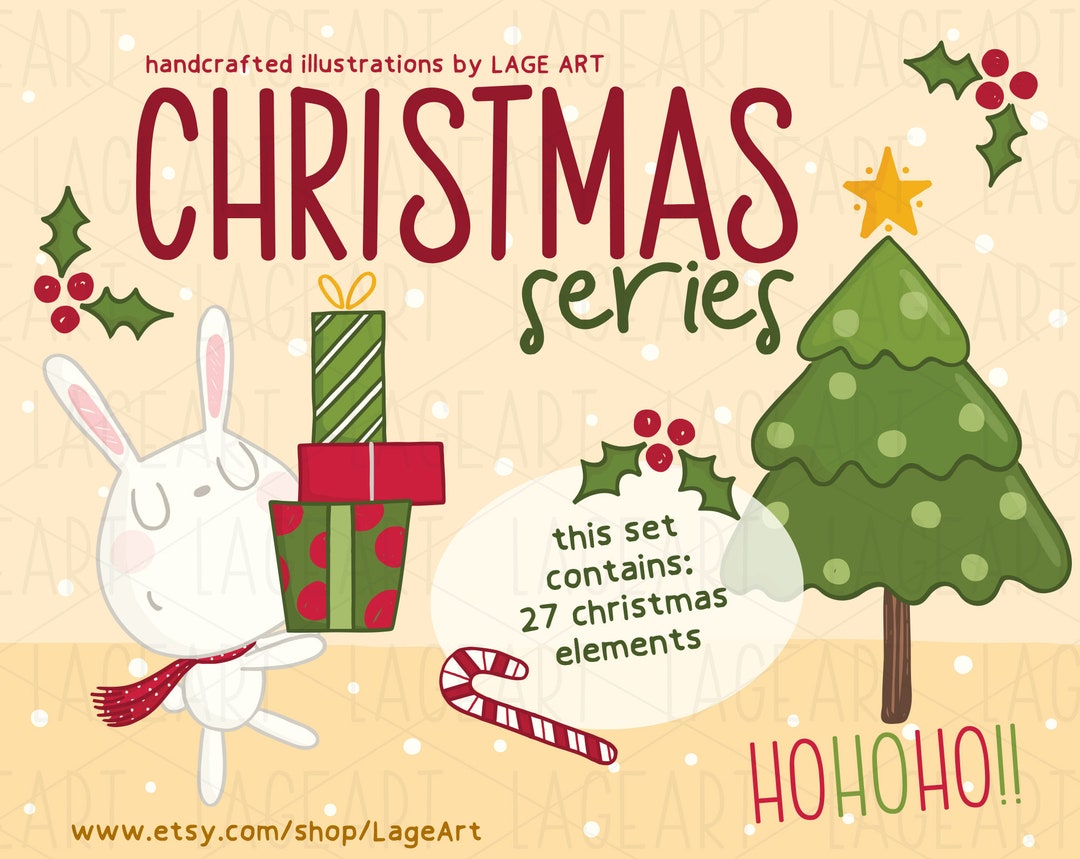 Christmas Clipart / Bunny Illustration / Holly Leaves Berries / Wreath ...