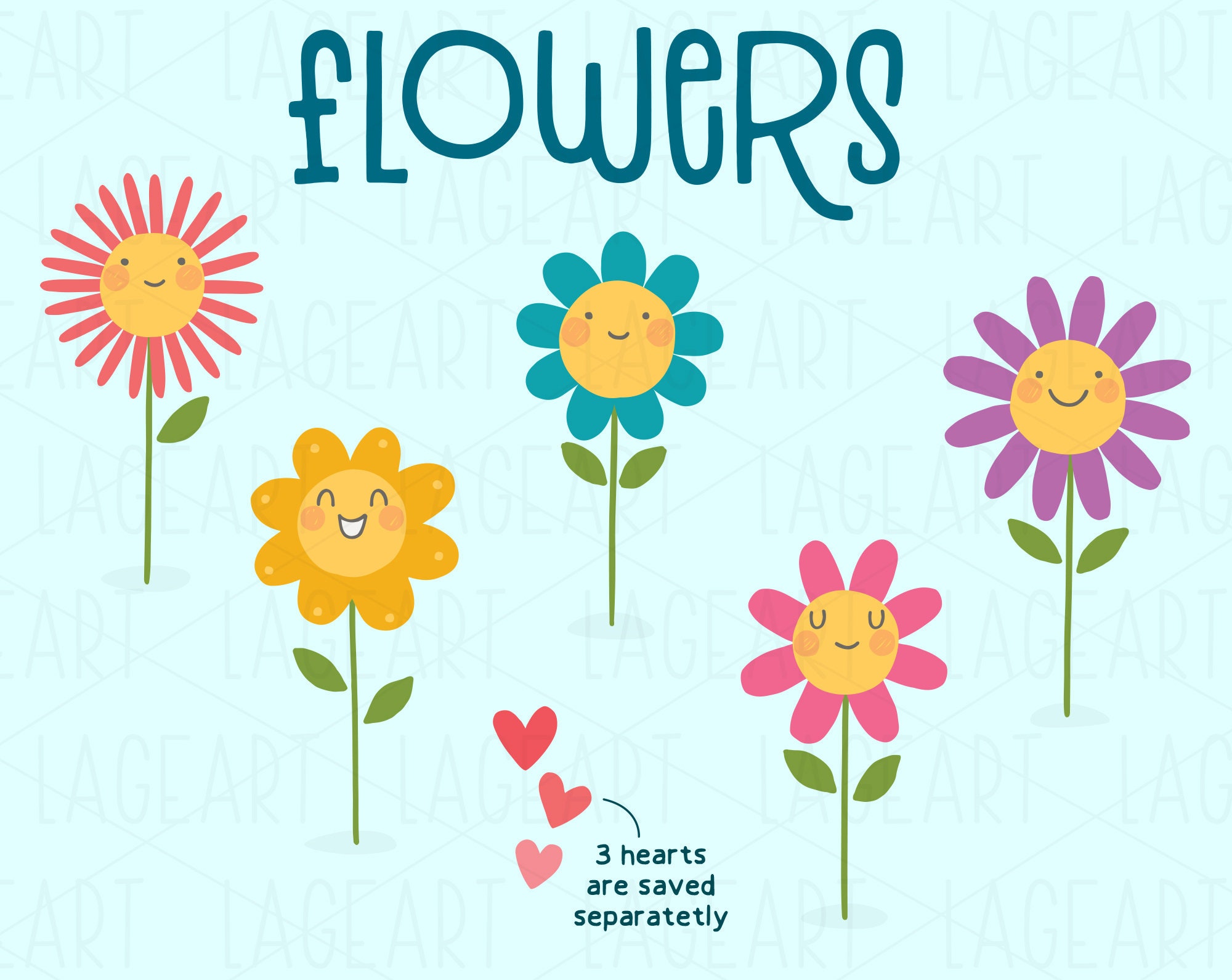 Happy Flowers Clipart Set / Cute Flowers With Faces PNG / Spring ...