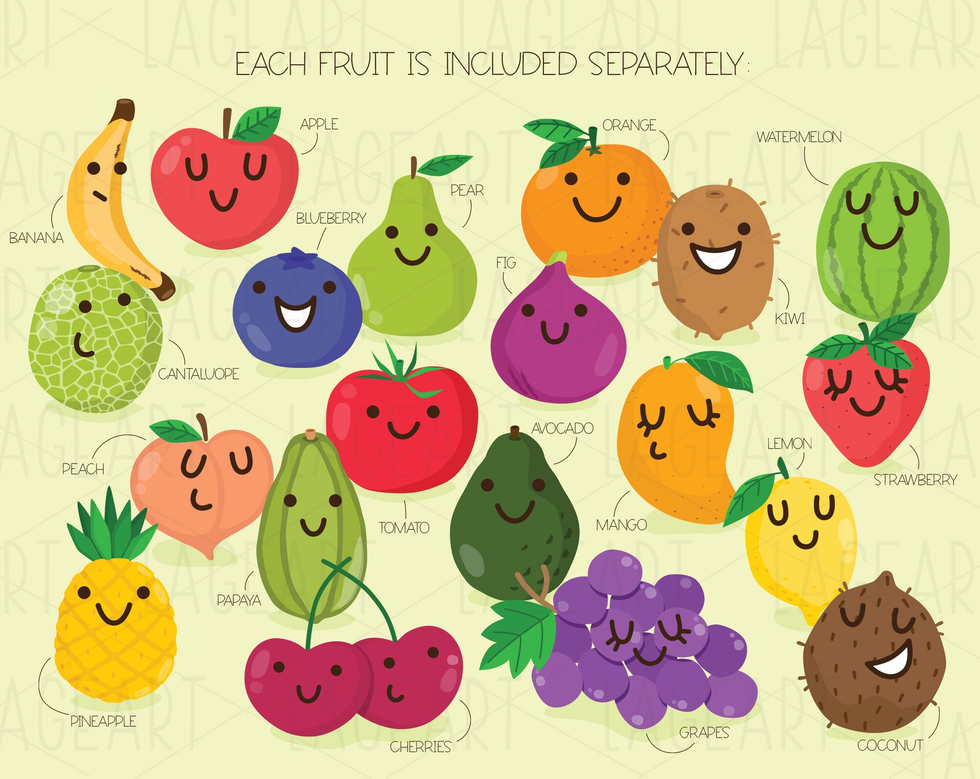 Fruits With Faces Clipart / Printable Flashcards and Coloring Pages ...