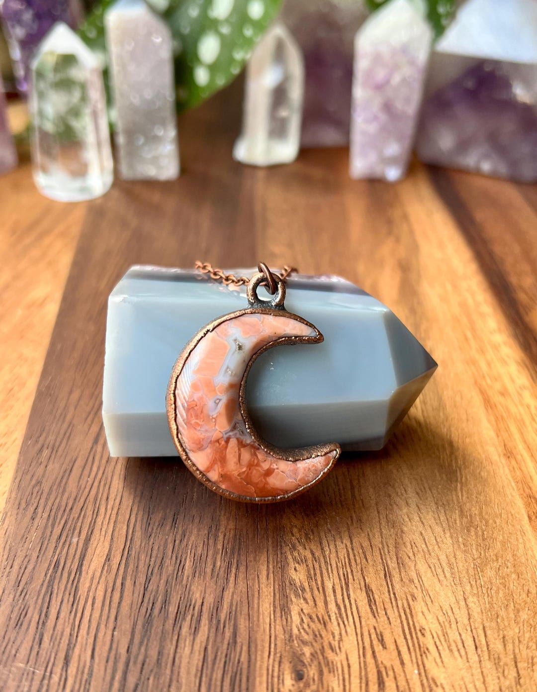 Electroformed Copper Cotton Candy Agate Moon Necklace, 18 Inch Chain - Etsy