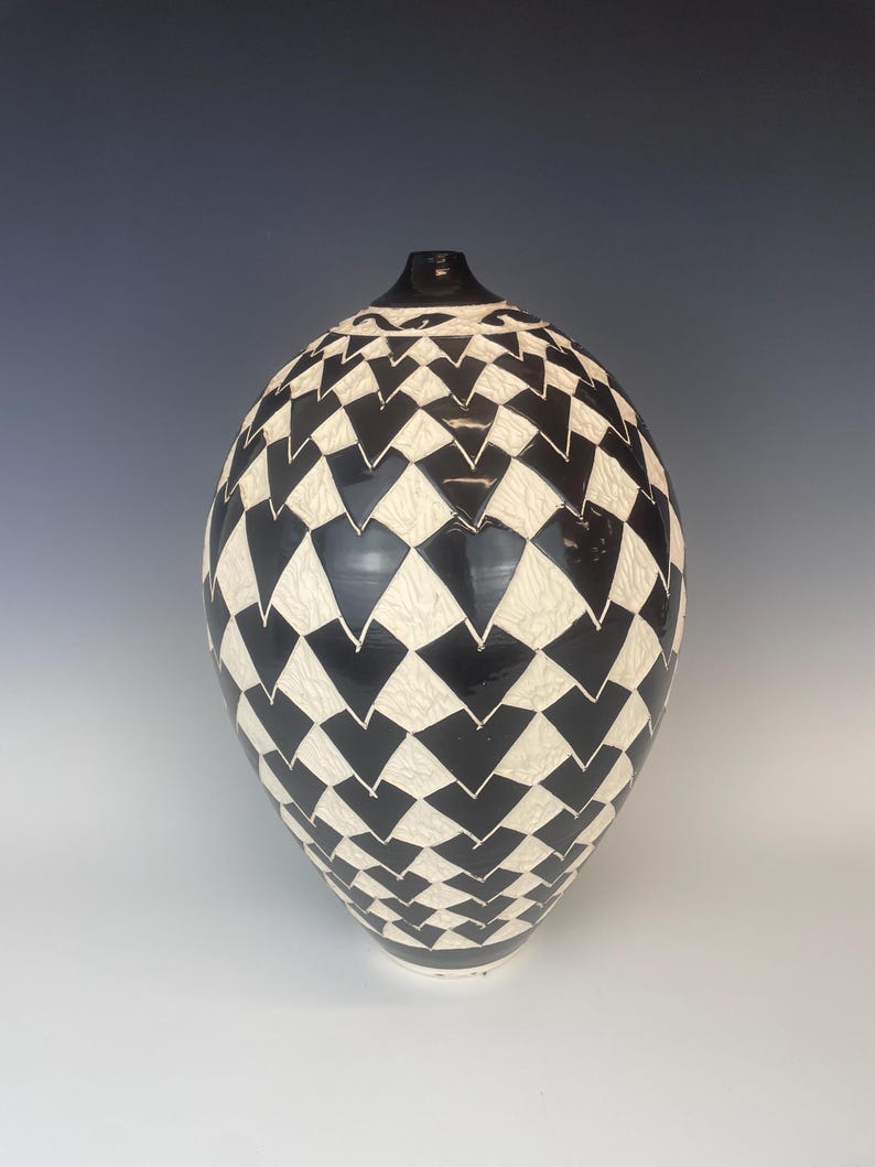 Large Geometric Vase, Black and White, Pattern, Ornate Pottery, Ceramic ...