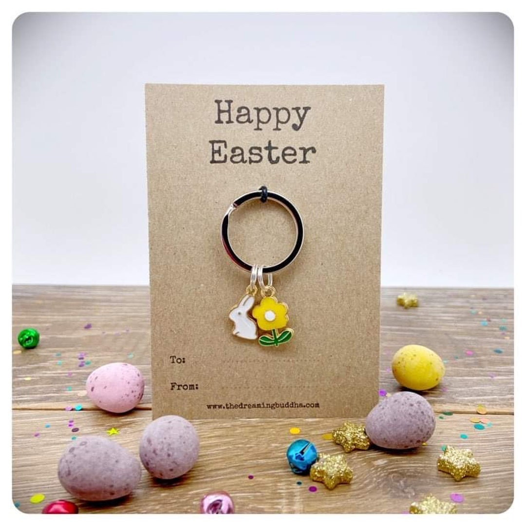 Happy Easter Keyring Card, Childrens Easter Bag Charm, Cute Flower ...