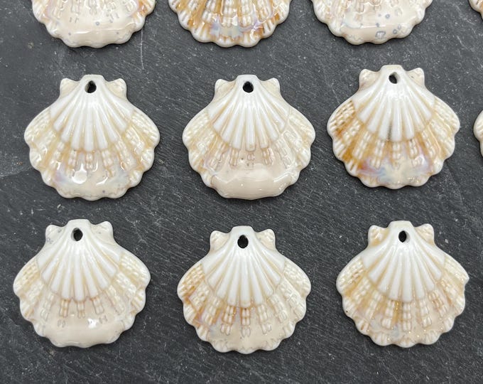 One Porcelain Scallop Shell Bead, Creamy White & Brown (29mm) - Etsy