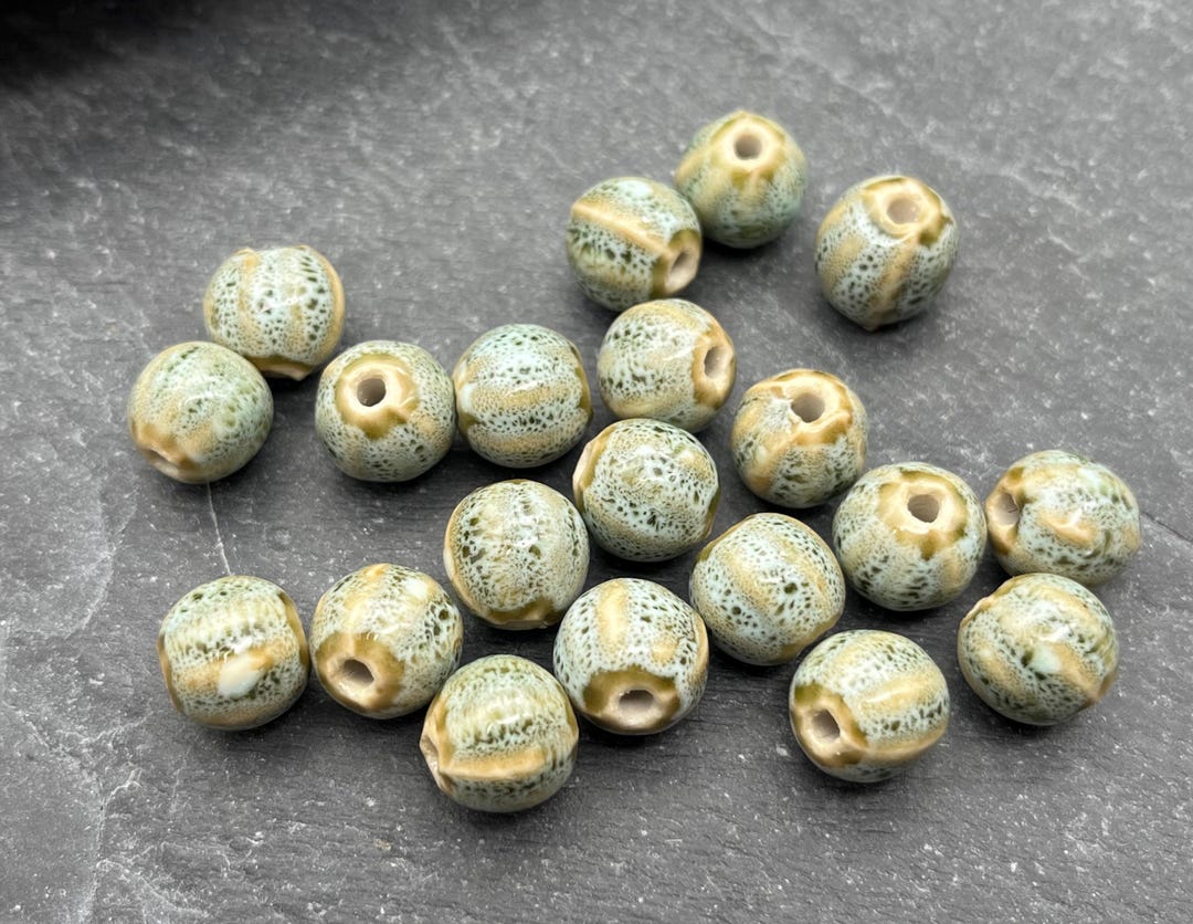 Five Sage Green Porcelain Beads, 10mm, Striped Bead, Ceramic Bead ...