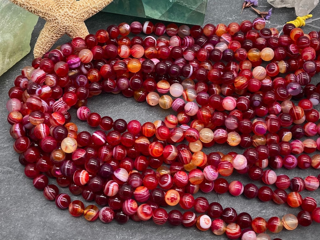 8mm Deep Red Banded Agate Beads, Half or Full Strand, Striped Agate ...