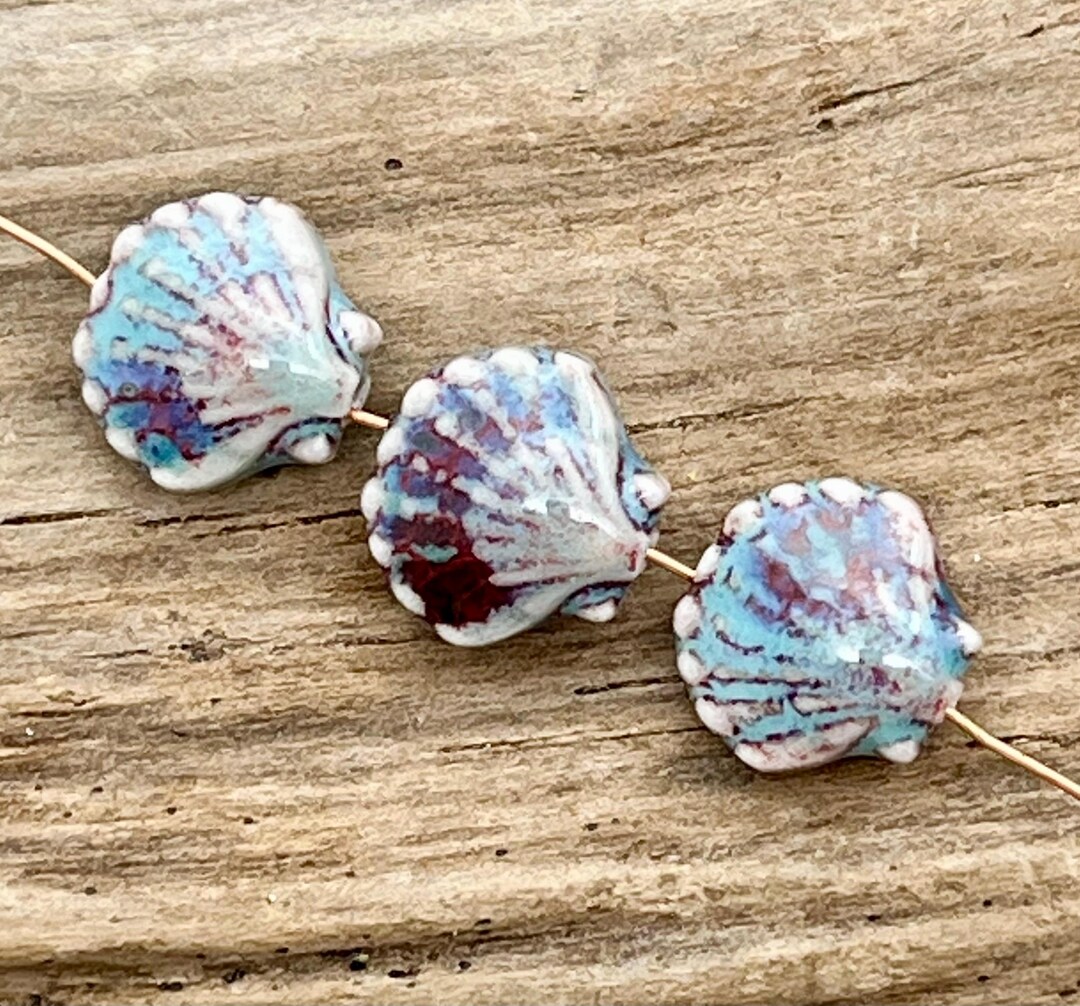Three Porcelain Shell Beads, 11mm, Antique Glazed, Blue Shell, Pendant ...