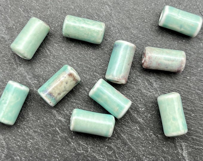 Five Aqua Blue Porcelain Tube Beads, 16x10mm, Tube Bead, Ceramic Bead ...