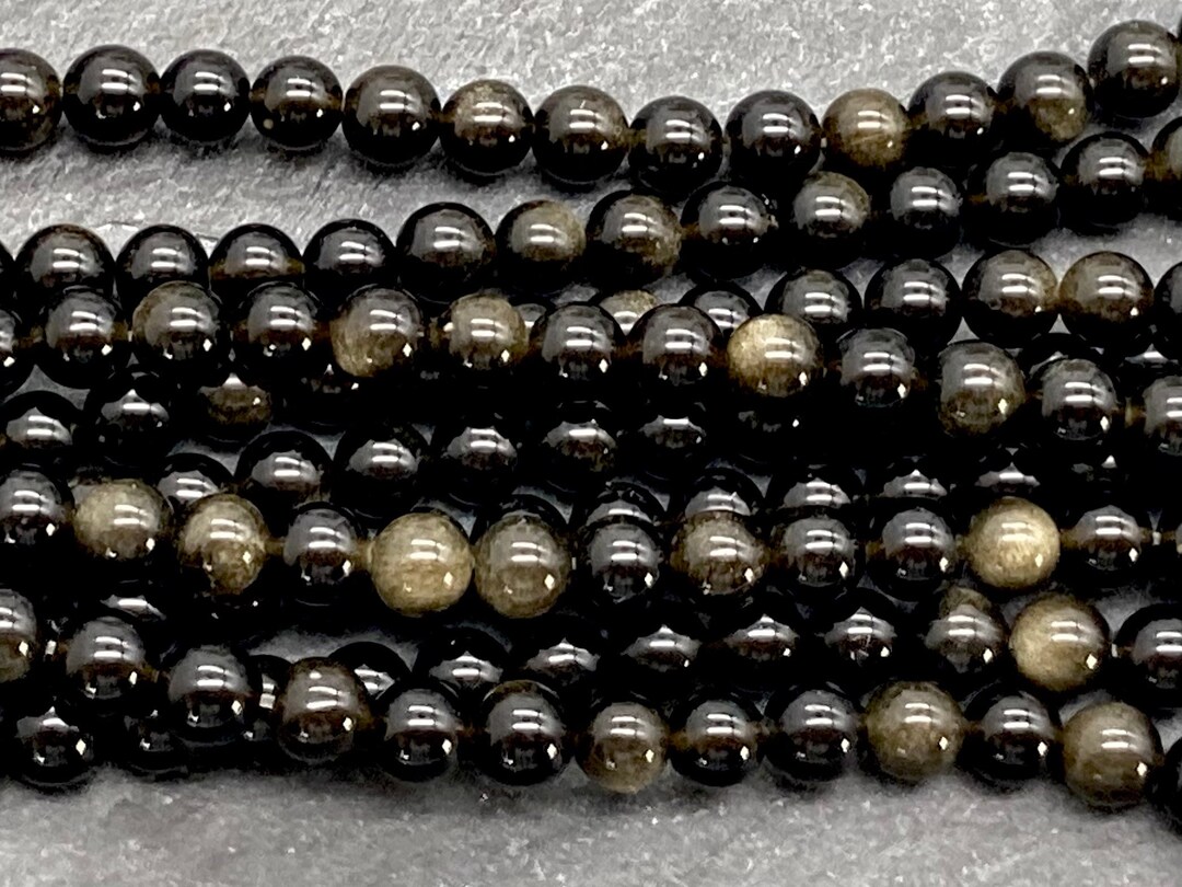 6mm Grade A Golden Obsidian Beads, 7 1/2" Strand, Obsidian Beads, Black ...