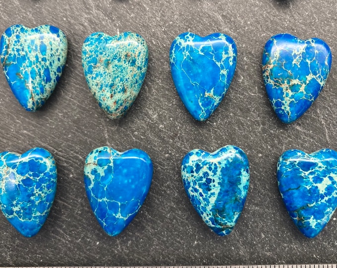 Three Blue Impression Jasper Heart Beads, 20mm, Matched Set, Blue Beads ...