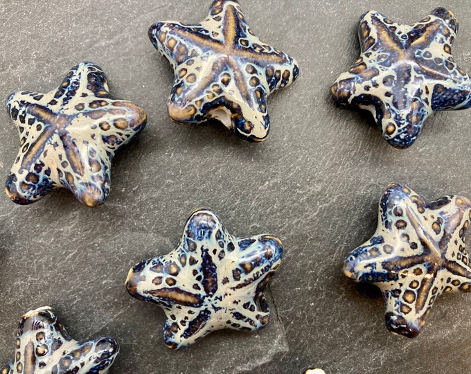 One Porcelain Starfish Bead, 38mm, Pendant Bead, Antique Glazed, Focal ...