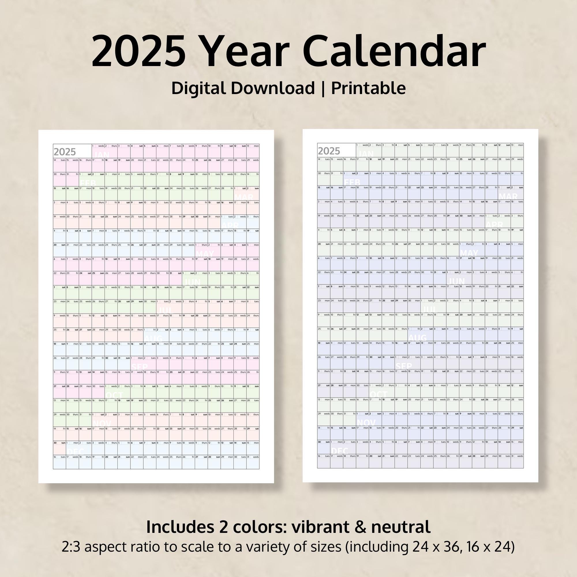 2025 Full Year Calendar Printable (vertical Layout) Color and Neutral ...