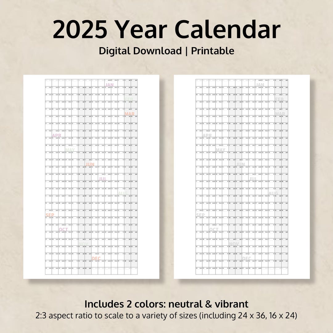 2025 Full Year Calendar Printable (vertical Layout) | Year at a Glance ...