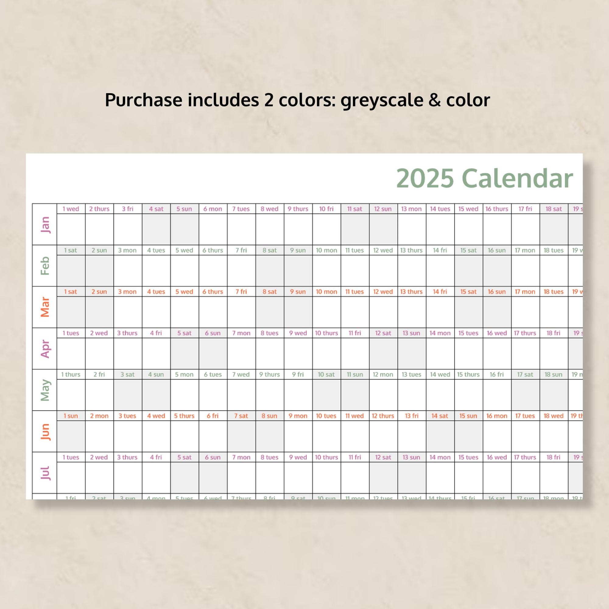 2025 Full Year Calendar Printable (month Layout) | Year at a Glance ...
