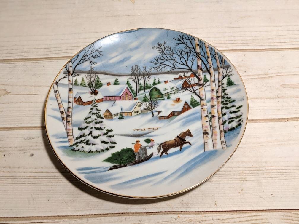 Lefton China Hand Painted Horse and Sleigh Winter Scene Plate, Hand ...