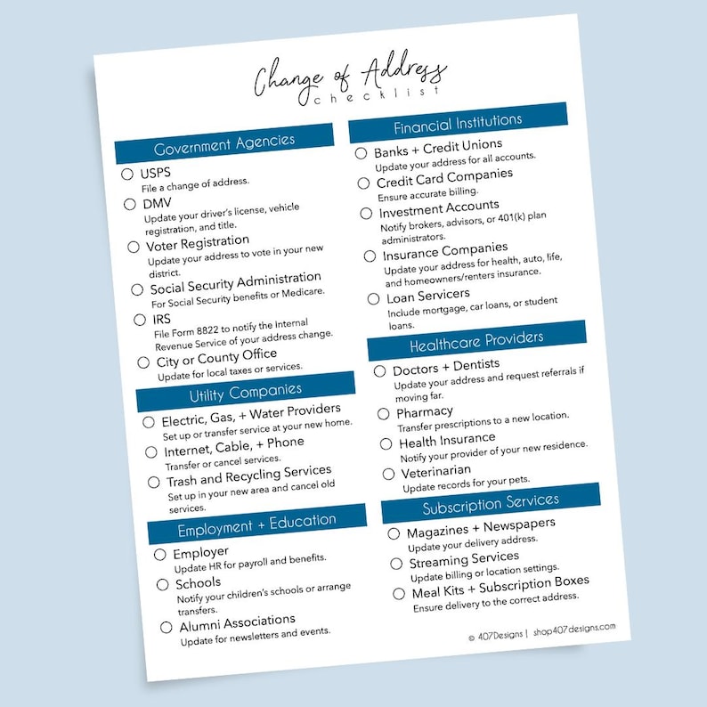 Change of Address Checklist | Digital Download | Moving Checklist | New ...