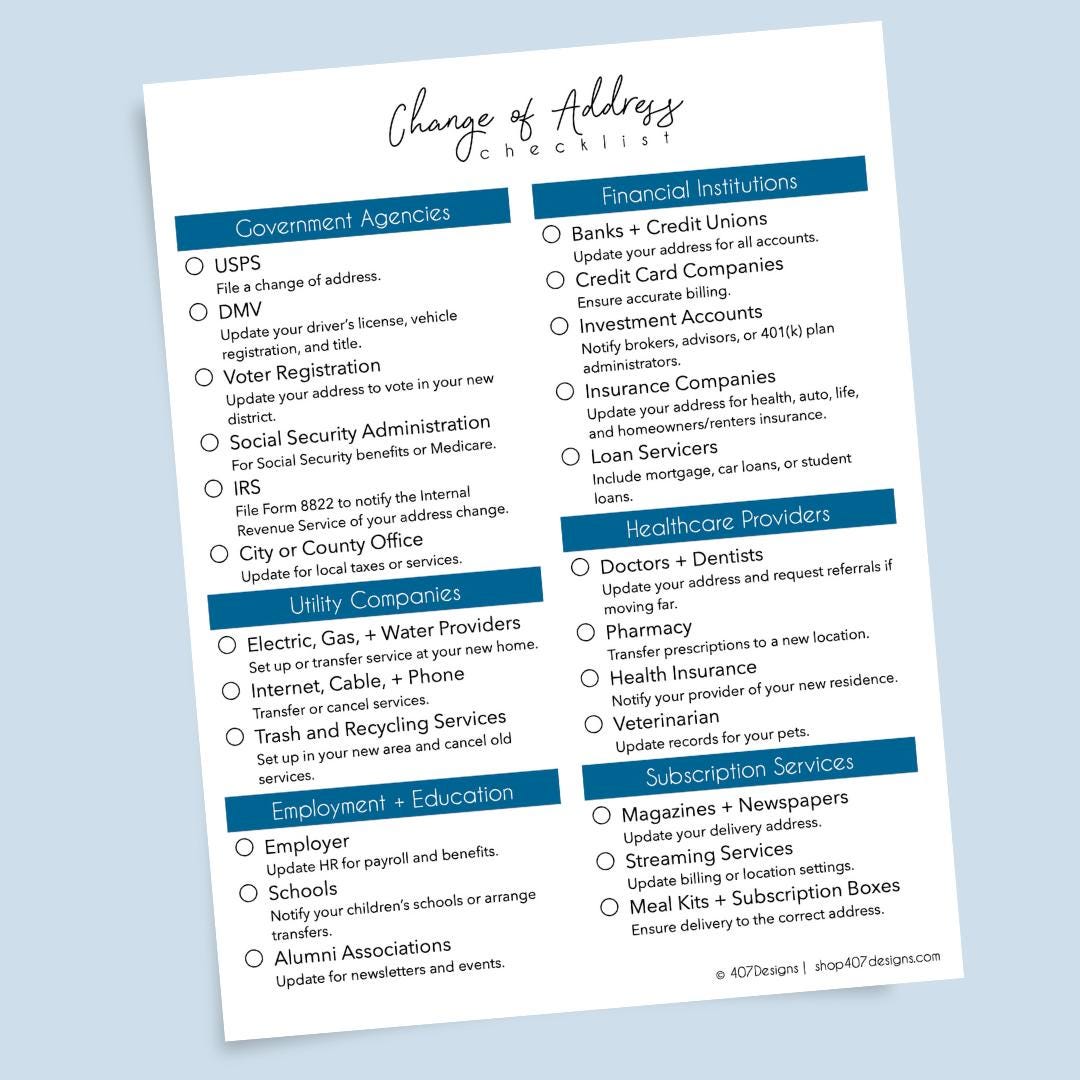 Change of Address Checklist | Digital Download | Moving Checklist | New ...