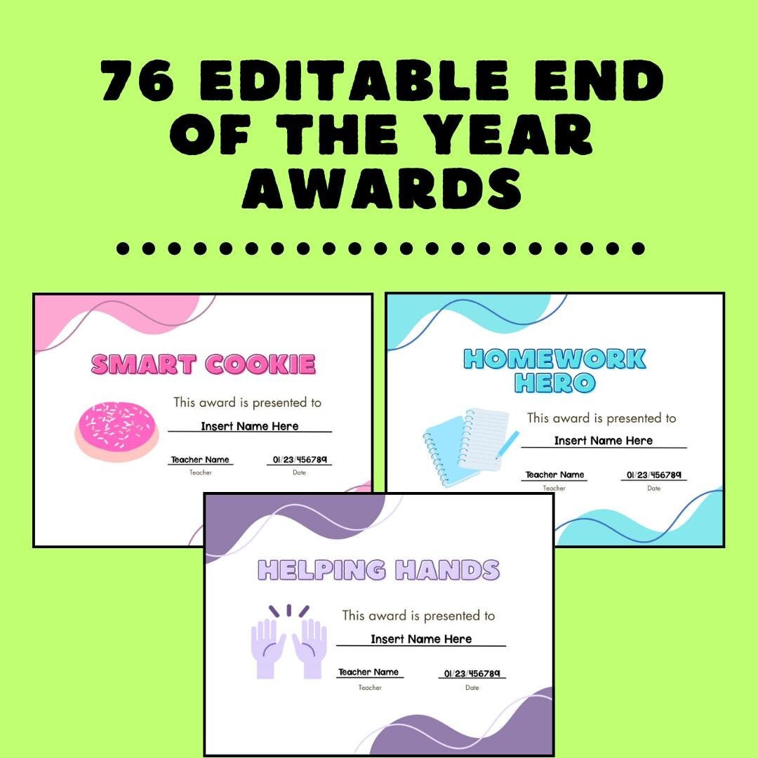 76 Editable End of Year Awards | Certificates for Classroom & Special ...