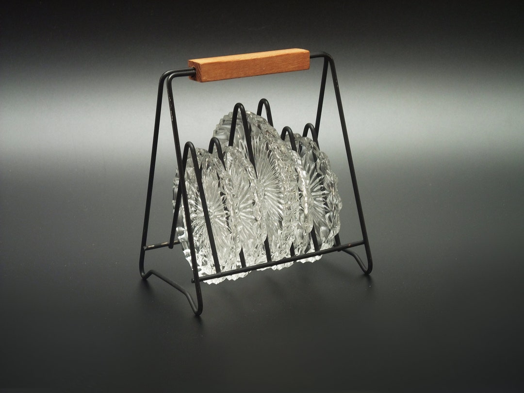 60s Coasters Set With Stand 5 Glass Coasters Holder Gold - Etsy