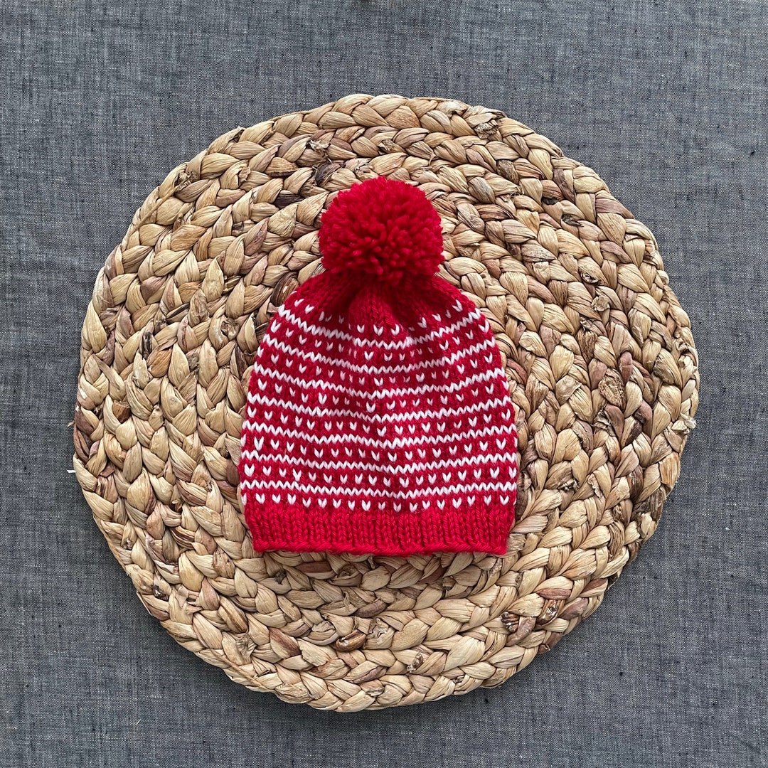 Red and White Fair Isle Hat With Pompom - Baby, Kids, Adult Sizes ...