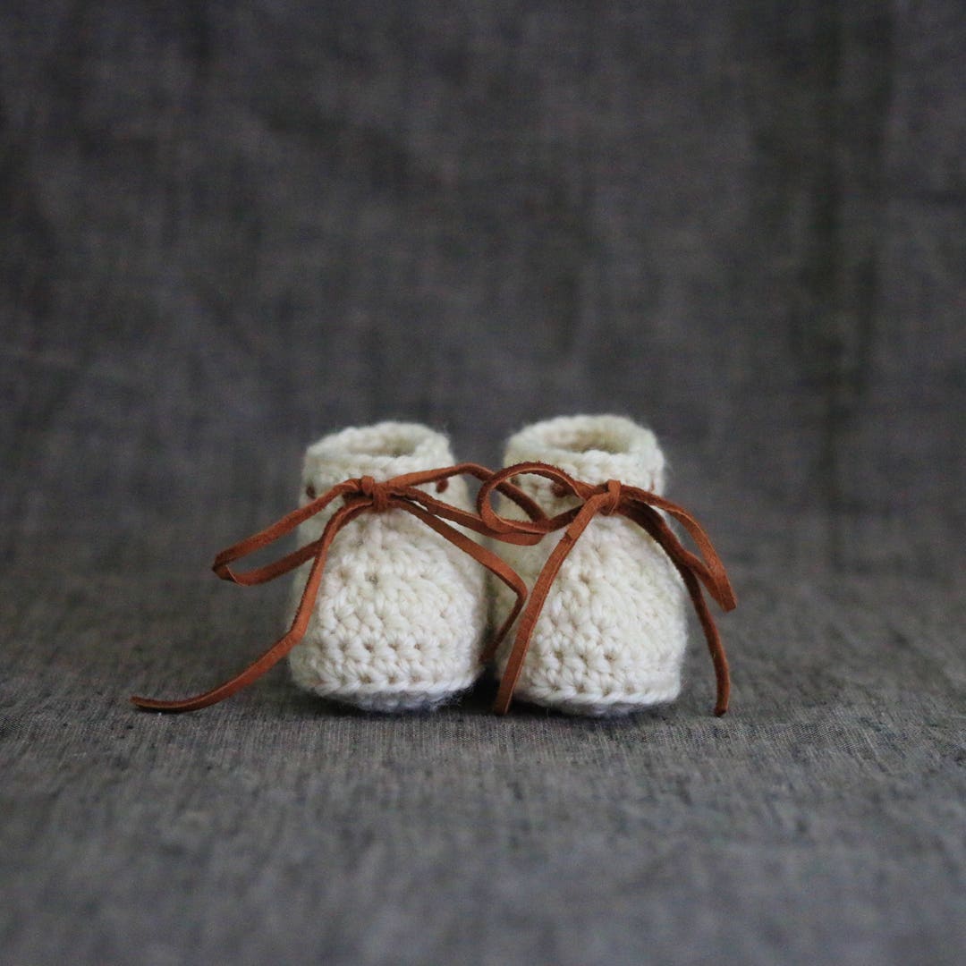Wool Baby Booties With Ties - off White Crib Shoes With Deerskin Ties ...